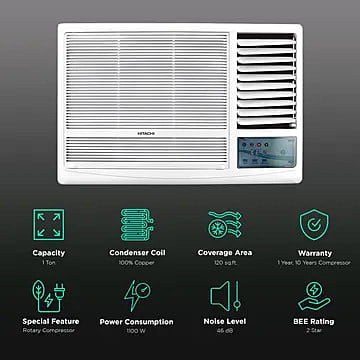 HITACHI Kaze Plus 1 Ton 2 Star Fixed Speed Window AC Copper Condenser RAW312HEDO